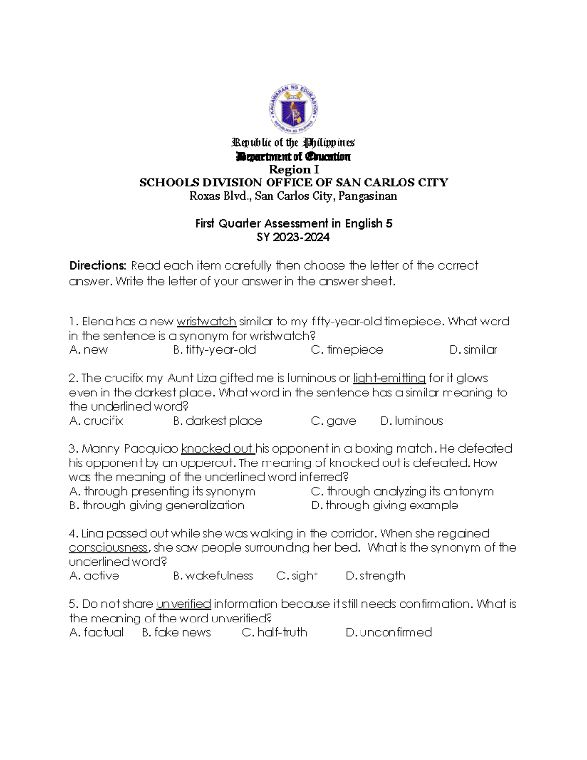 Test Question English 5-Quarter 1-2023 - Republic of the Philippines ...