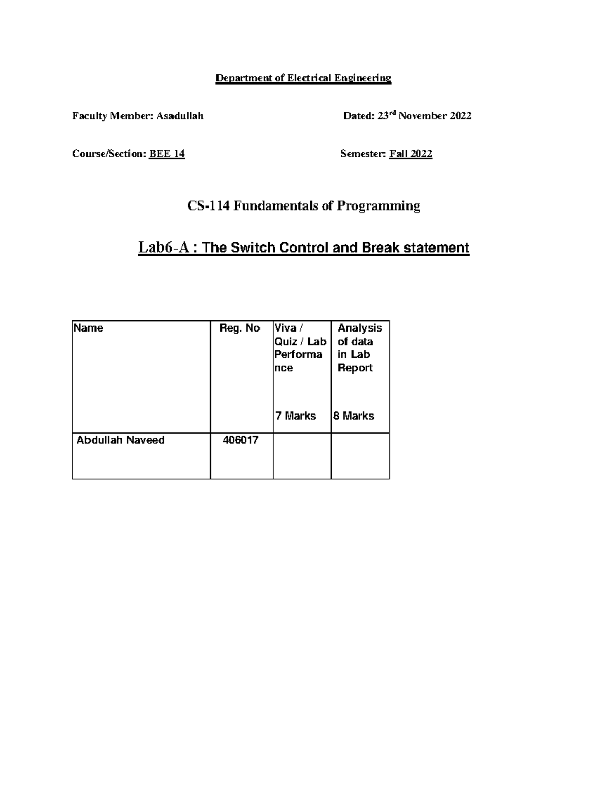 Lab 6 Report Fo P Department Of Electrical Engineering Faculty Member