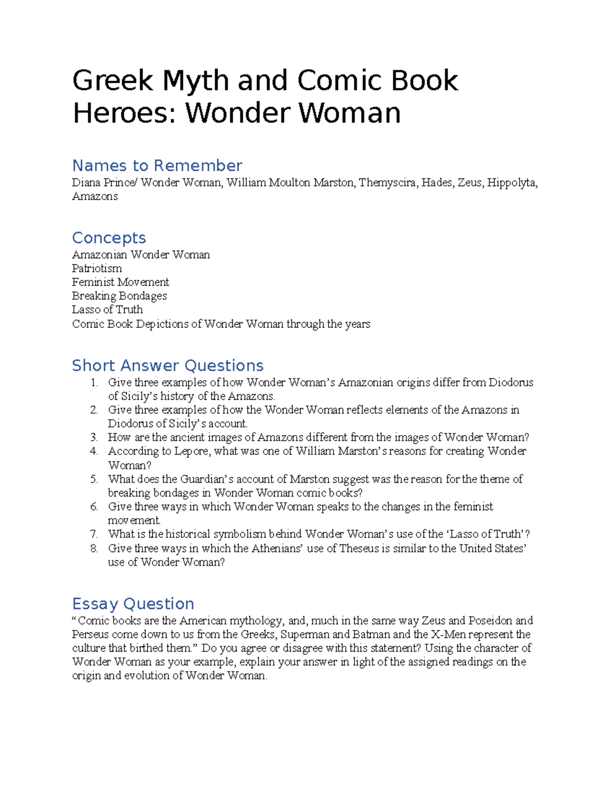 Worksheet Wonder Woman Greek Myth and Comic Book Heroes - Greek Myth ...