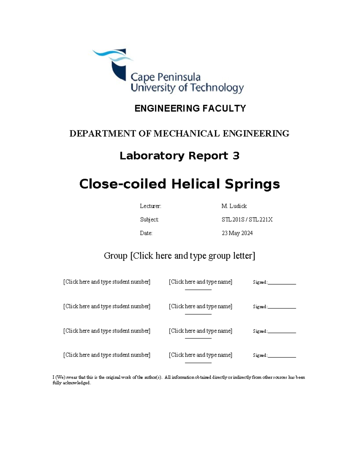LAB 3 STL261S Helical Springs - ENGINEERING FACULTY DEPARTMENT OF ...