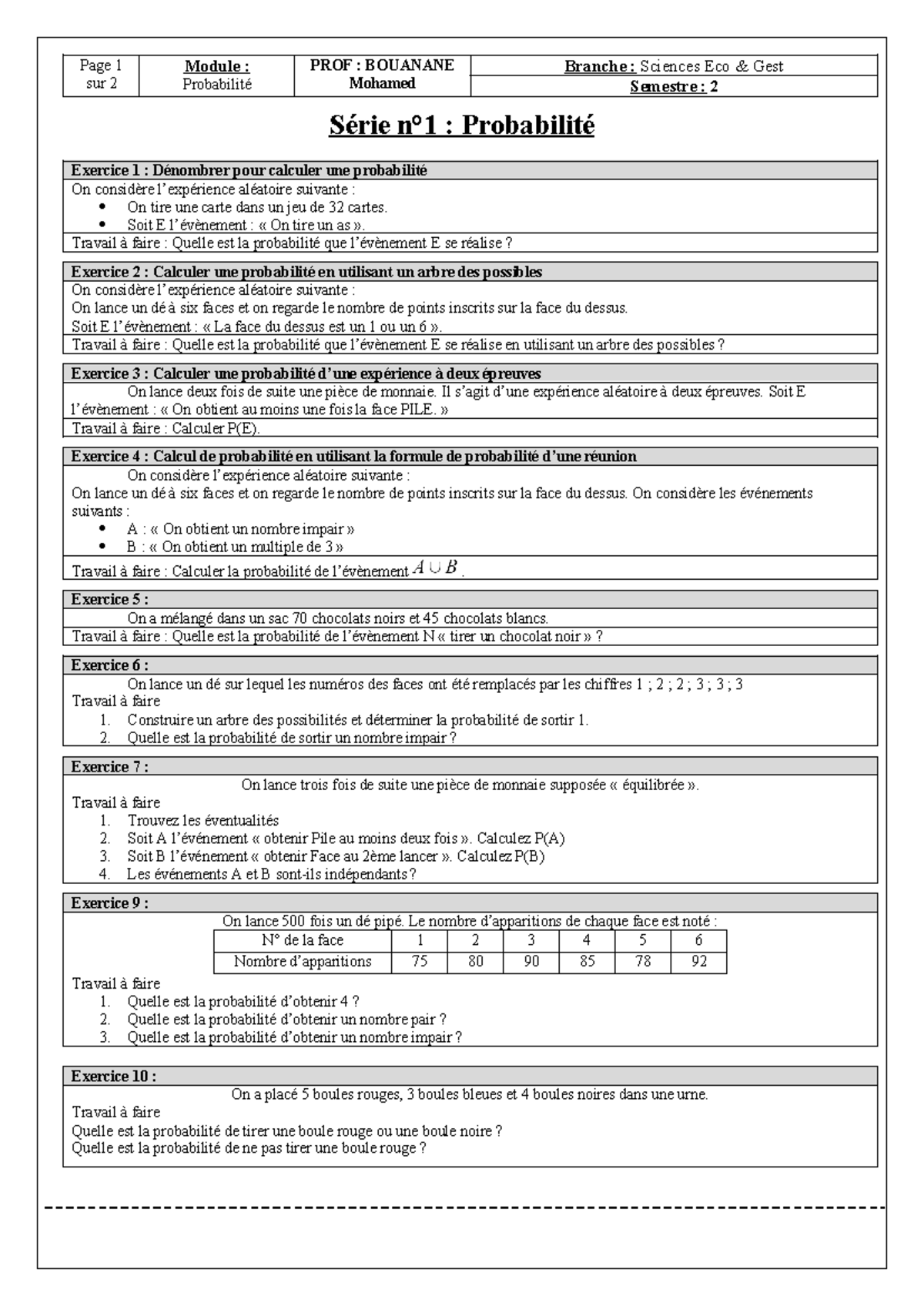 Série N°1 CH N°1 - Probabilité 23 - Page 1 sur 2 Module : Probabilité ...