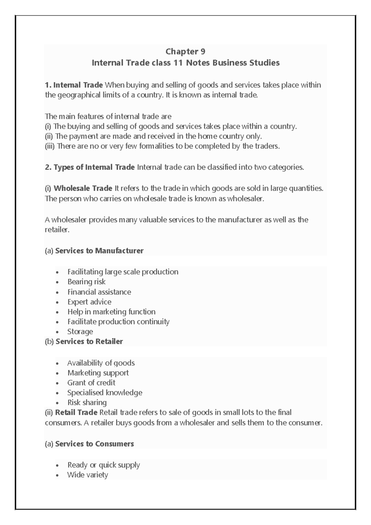 Internal trade - notes for business management - Chapter 9 Internal ...