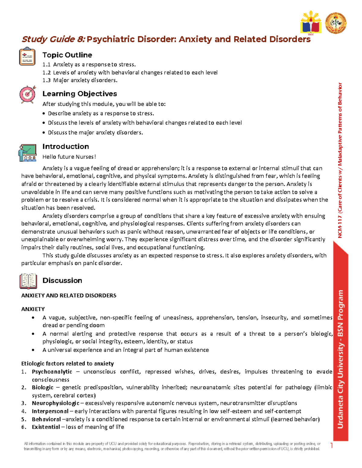 Study Guide Psych Nursing 8 Anxiety and Related Disorders - NCM - 117 ...