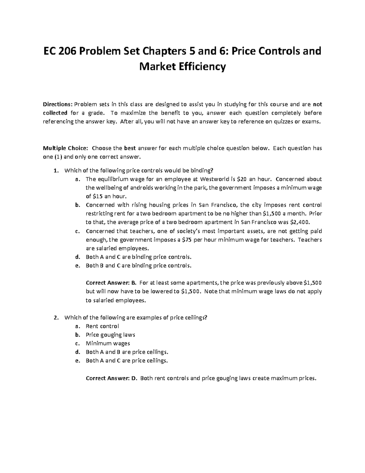 ECON 206 - Problem Set - Chapter 5 and 6 - Answer Key - Warning: TT ...