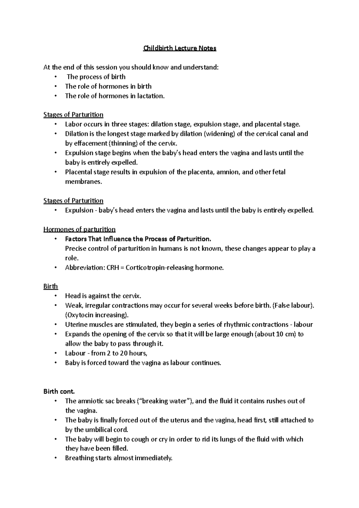 Childbirth Lecture Notes - Stages of Parturition - Labor occurs in ...