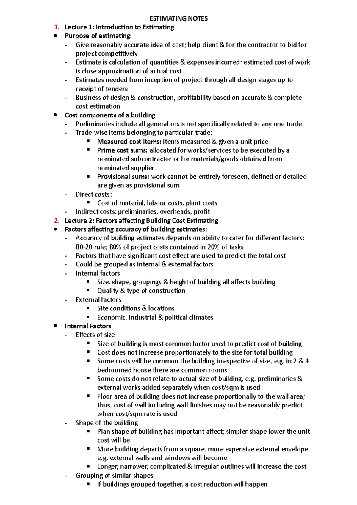 Estimating and tendering notes - ESTIMATING NOTES 1. Lecture 1 ...