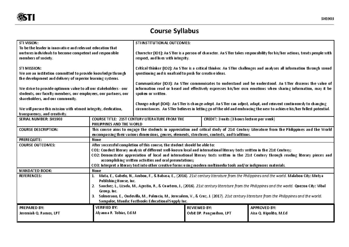 SH1903 - Syllabus and Course Outline - PREPARED BY: VERIFIED BY ...