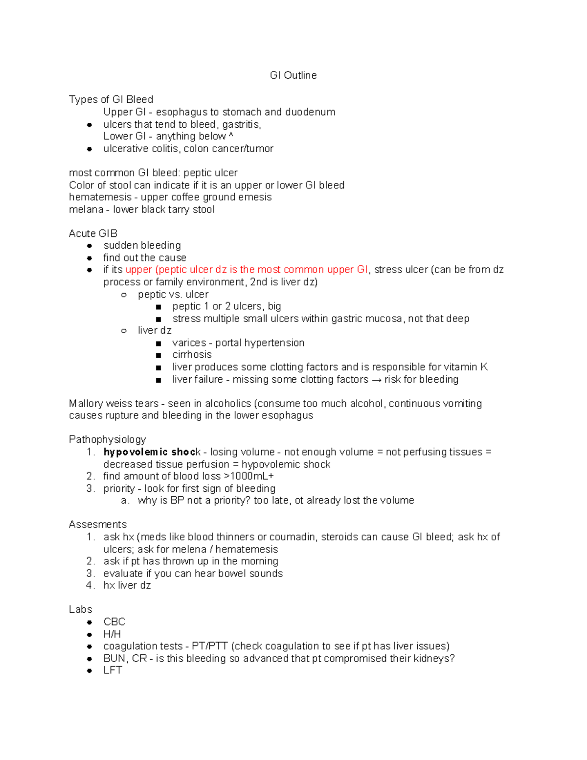 Copy of GI Student Outline 2024-revised - GI Outline Types of GI Bleed ...
