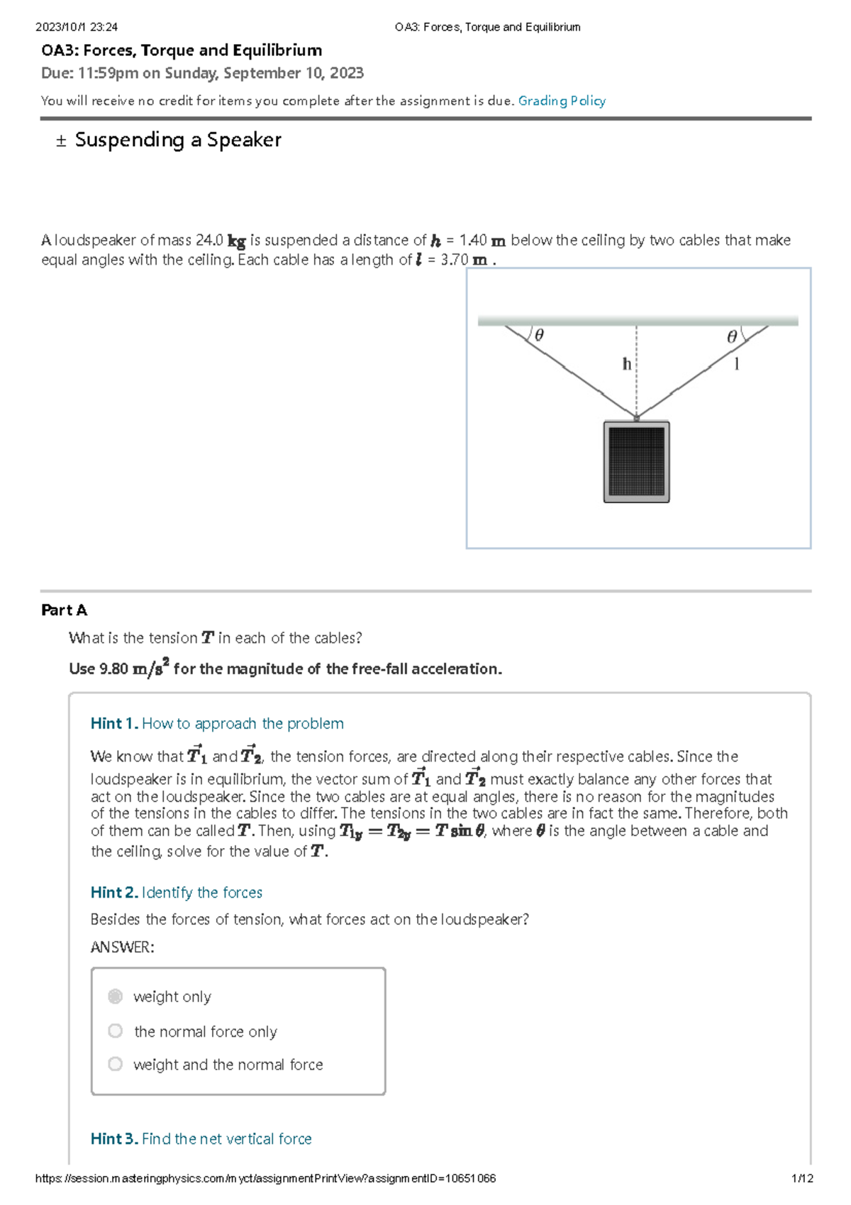 OA3 Forces, Torque and Equilibrium - Grading Policy ± Suspending a ...