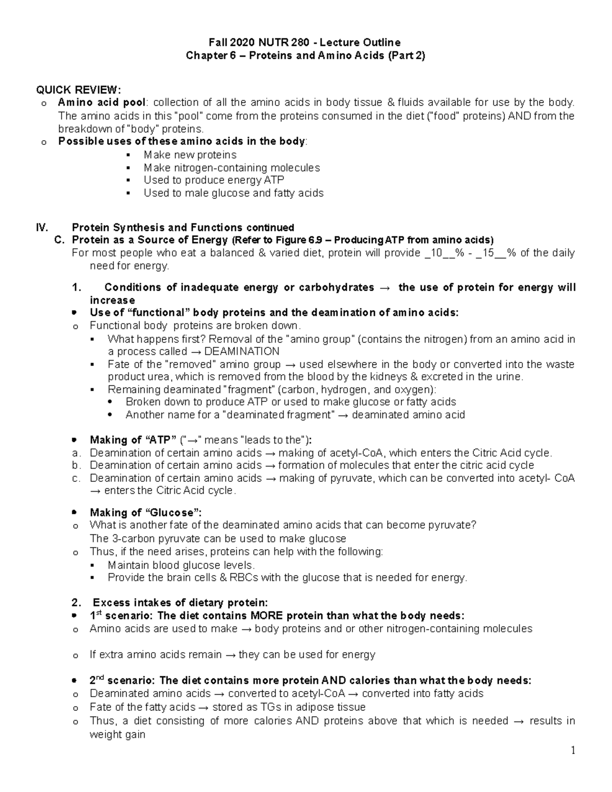 Chapter 6 Student Outline - Proteins, Part 2 - Fall 2020 NUTR 280 ...