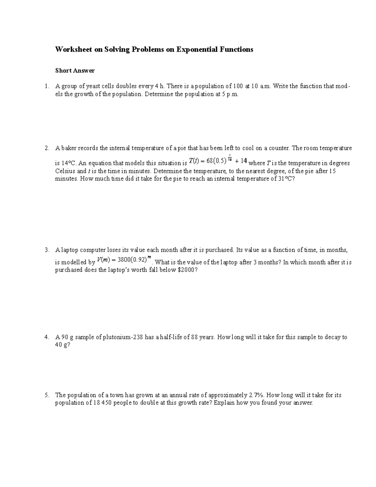 Worksheet on Solving Problems on Exponential Functions - There is a ...
