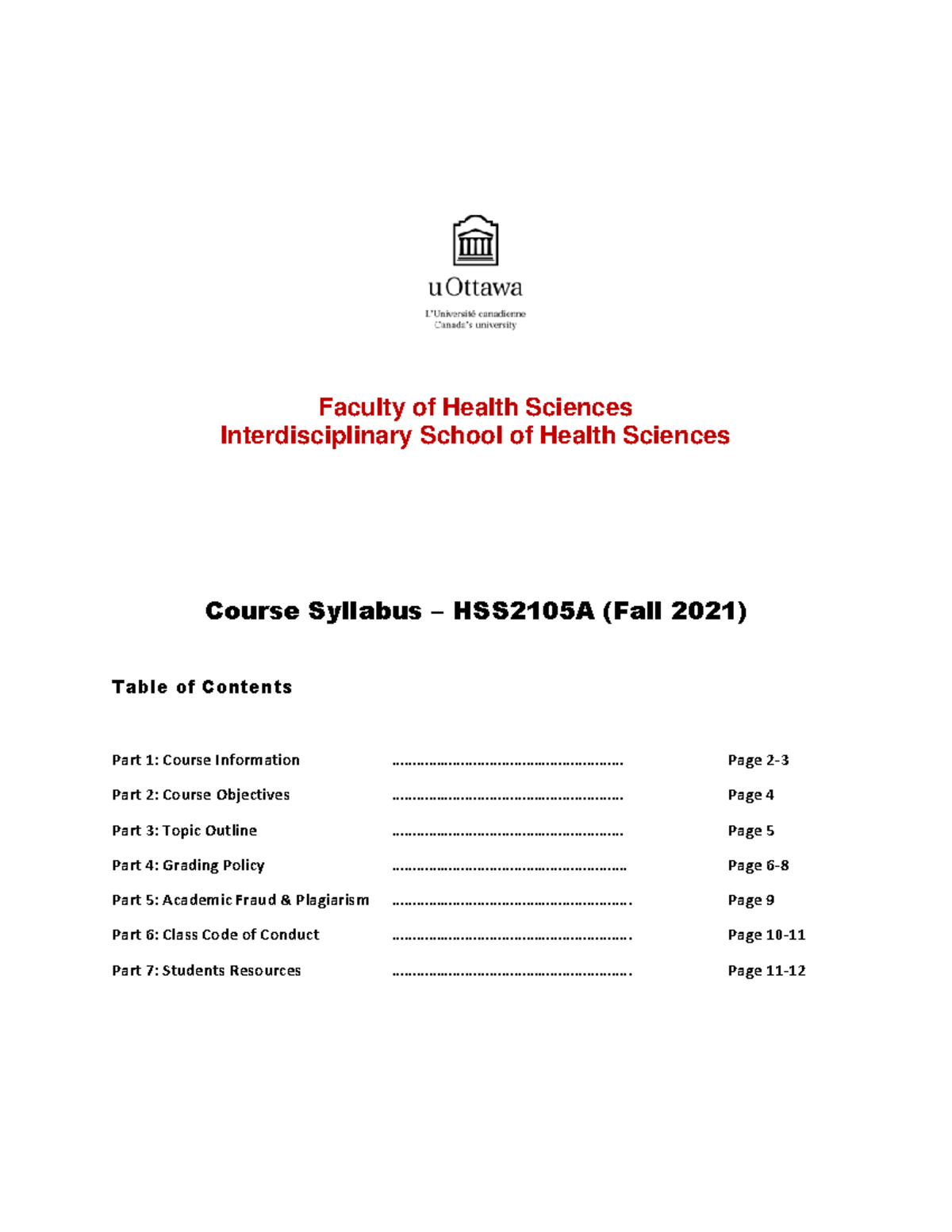 Syllabus HSS2105A - Faculty of Health Sciences Interdisciplinary School ...