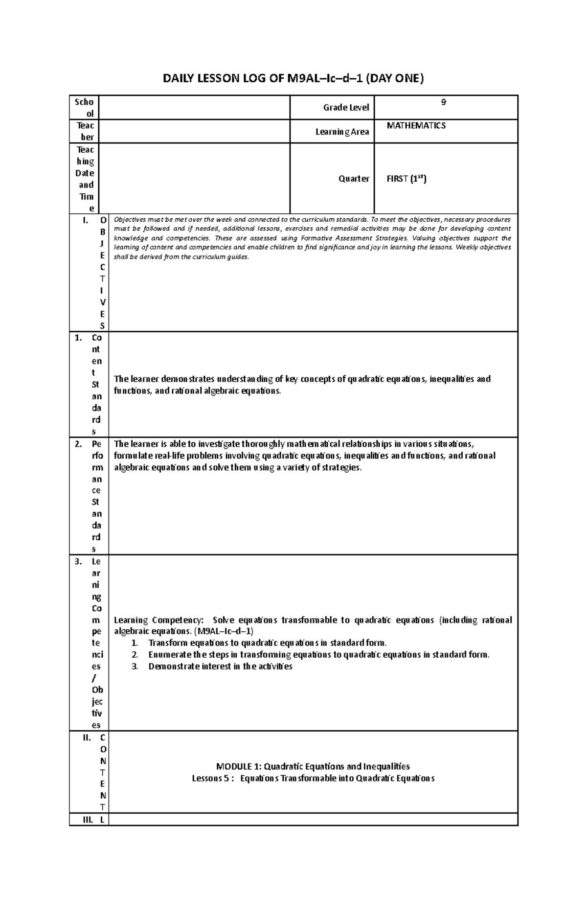 I-Day 9 g9 - Lesson Plan - DAILY LESSON LOG OF M9AL–Ic–d–1 (DAY ONE ...