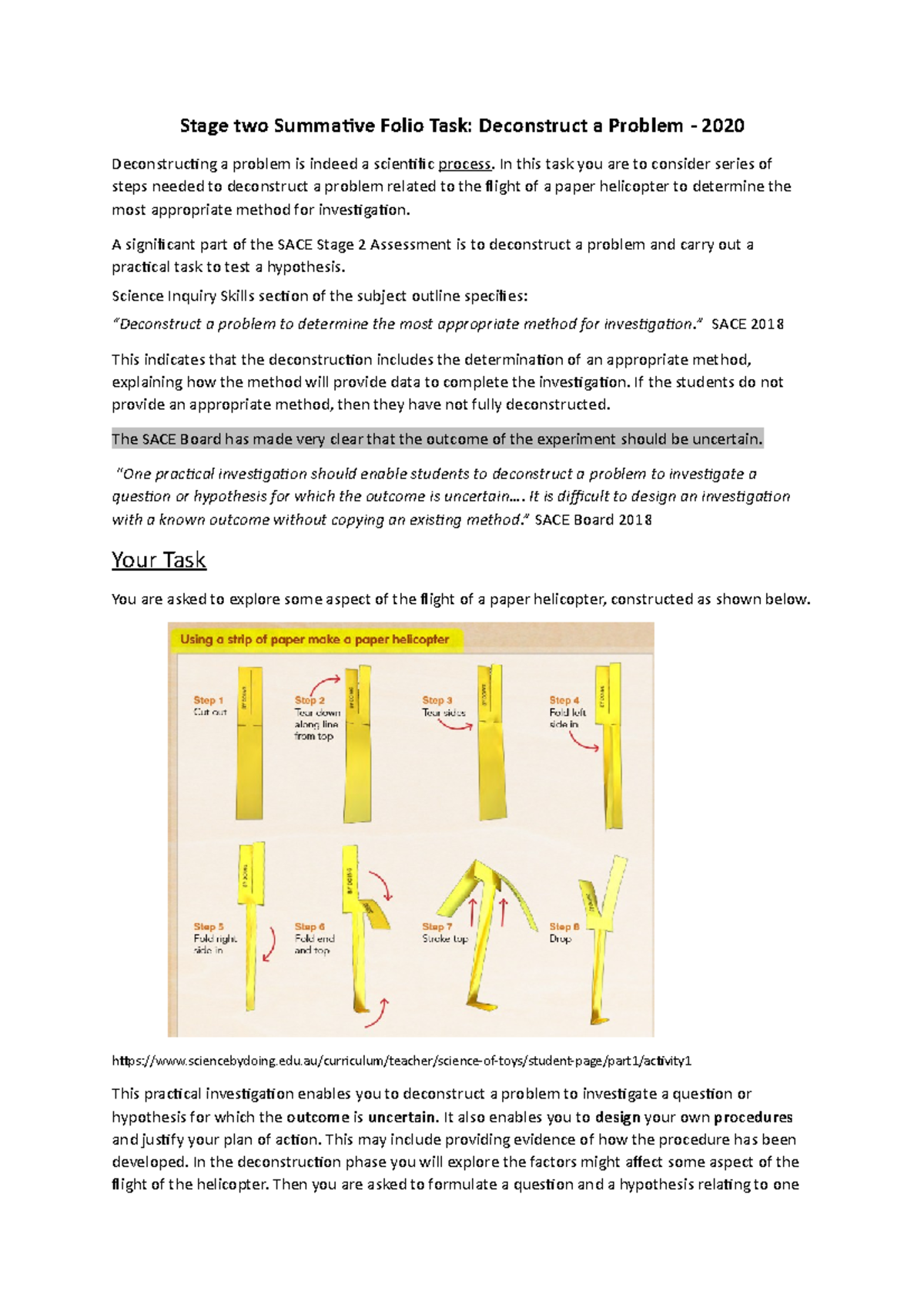 2020 handout - yr 12 deconst a problem - Stage two Summative Folio Task ...