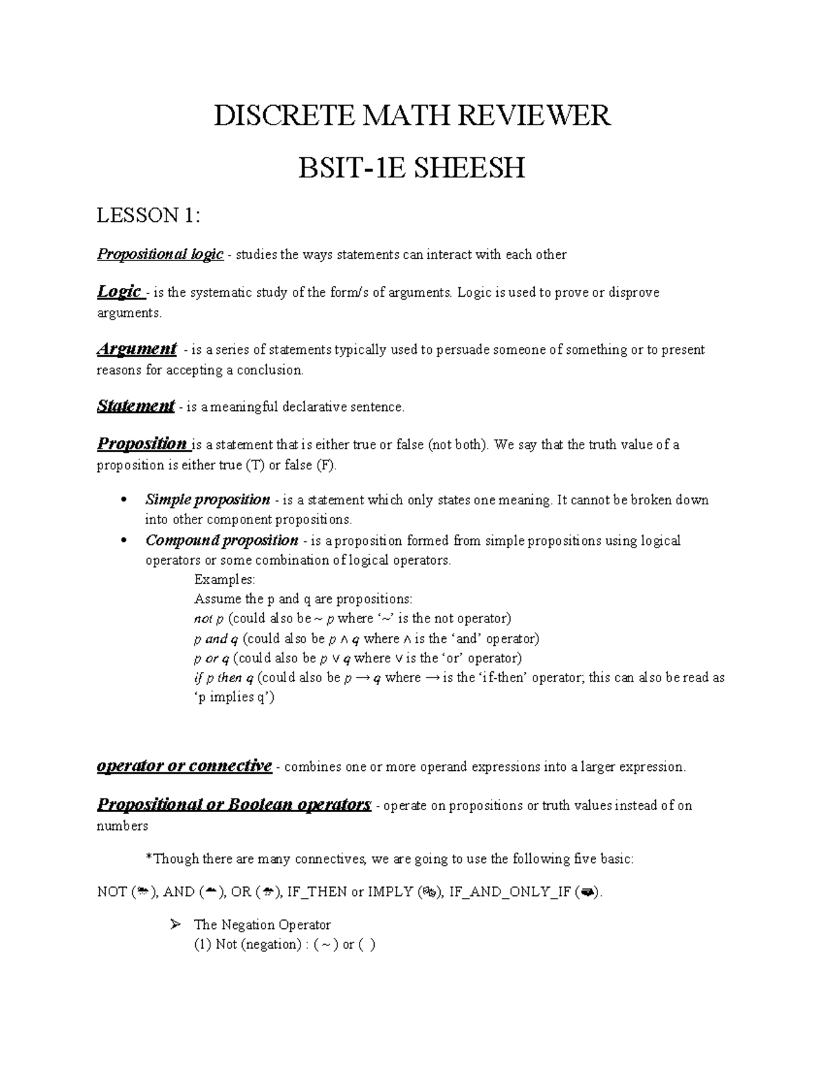 Discrete-MATH- Reviewer - DISCRETE MATH REVIEWER BSIT-1E SHEESH LESSON 1: Propositional logic ...