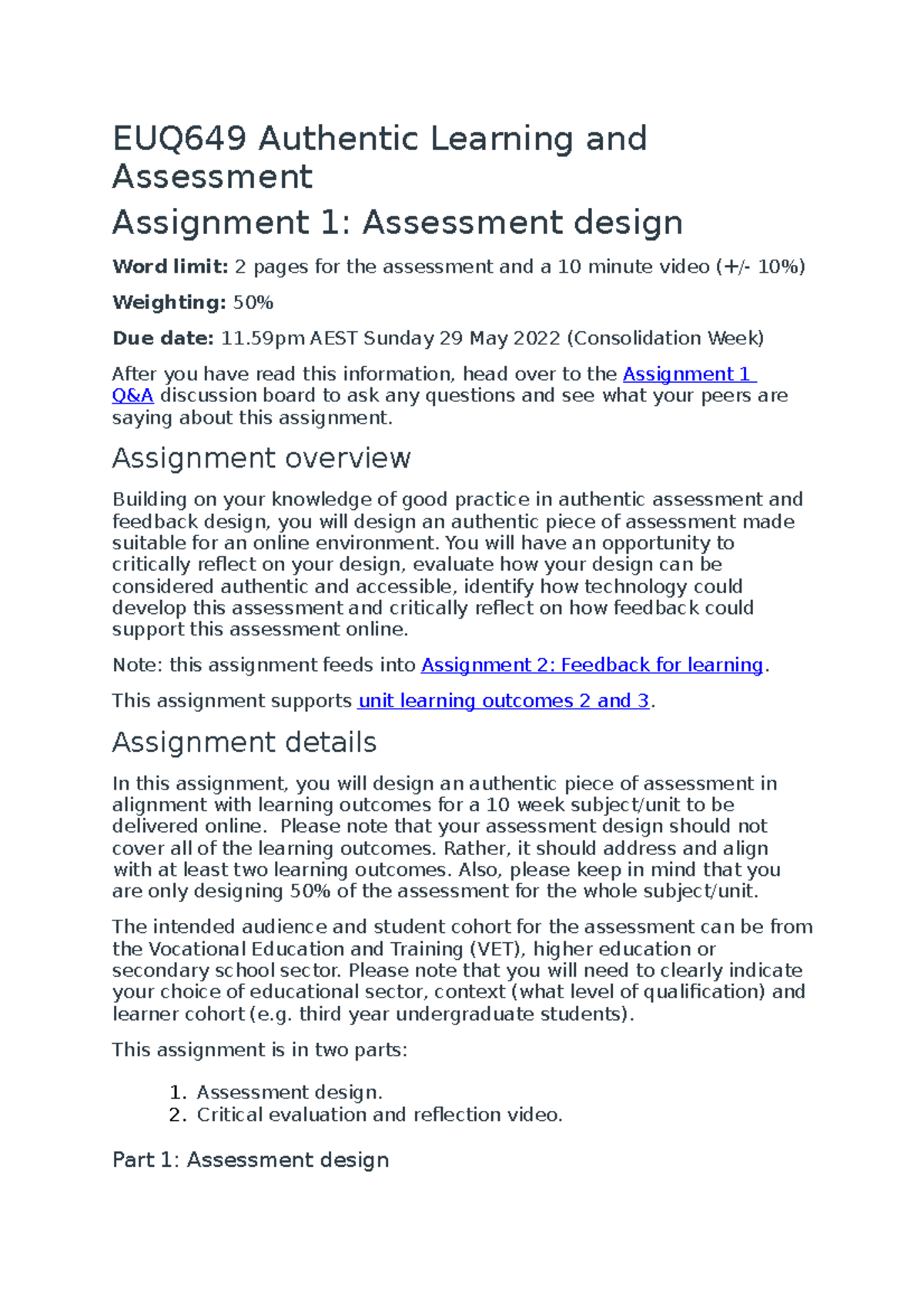 EUQ649 Assignment 1 - EUQ649 Authentic Learning and Assessment ...