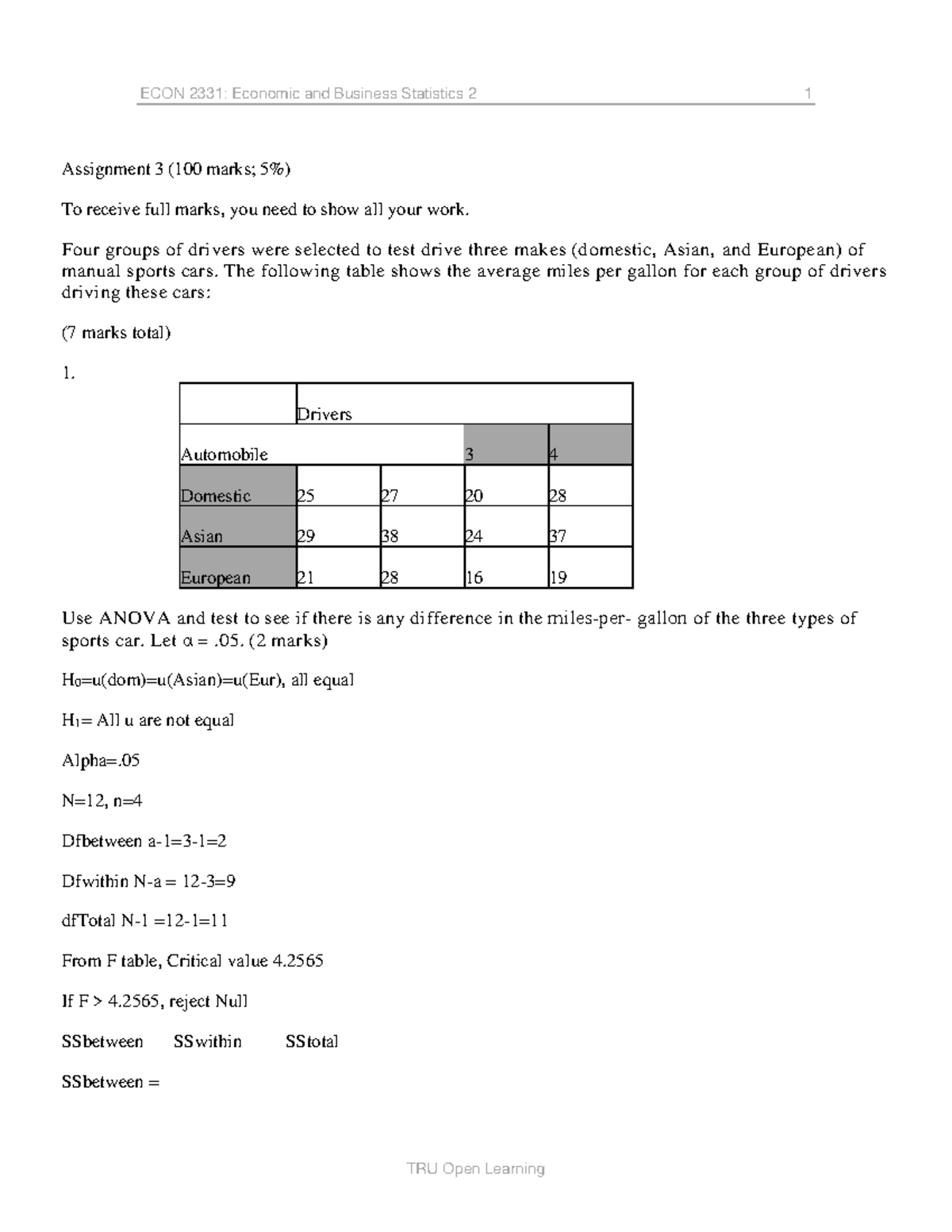 ECON2331 Ass 3 - From Modules 3 and 4, Mirza class - ECON 2331 ...