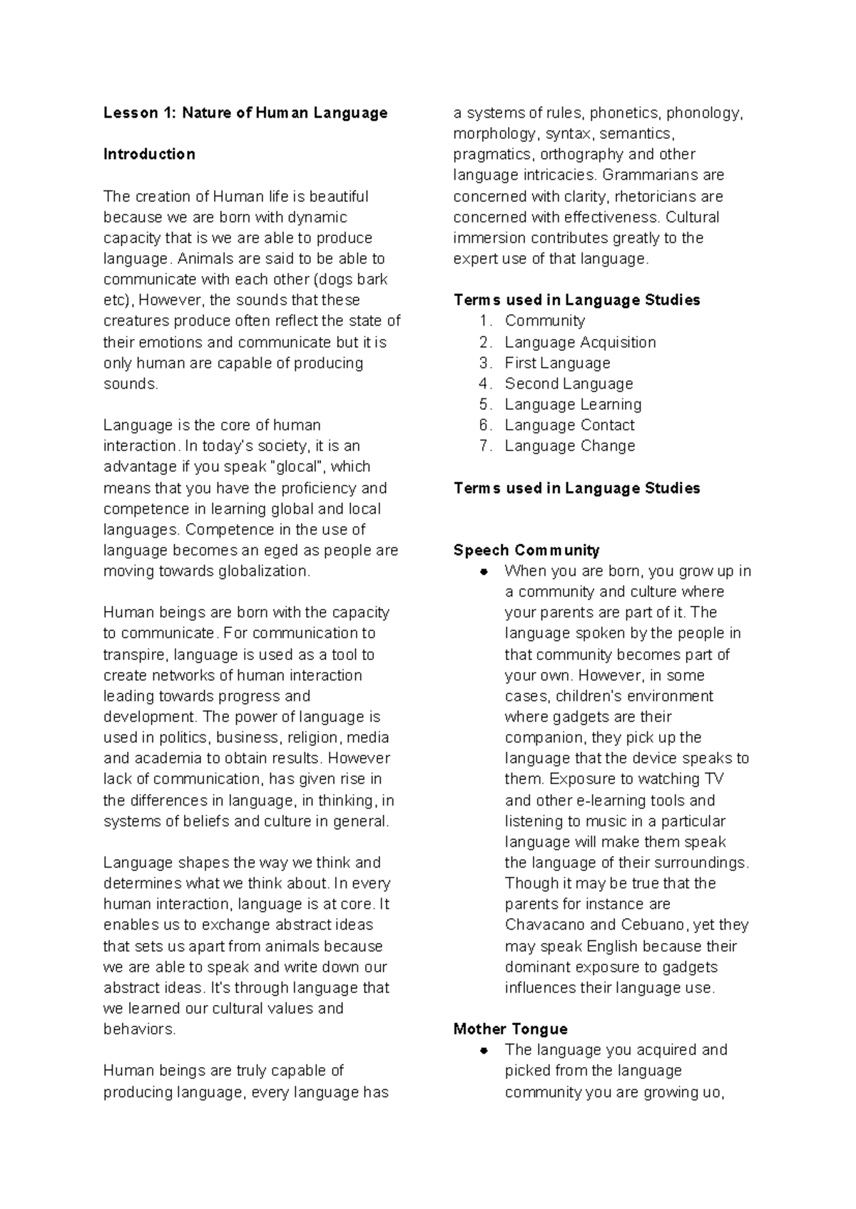 Purposive Communication Nature of Language - Lesson 1: Nature of Human ...