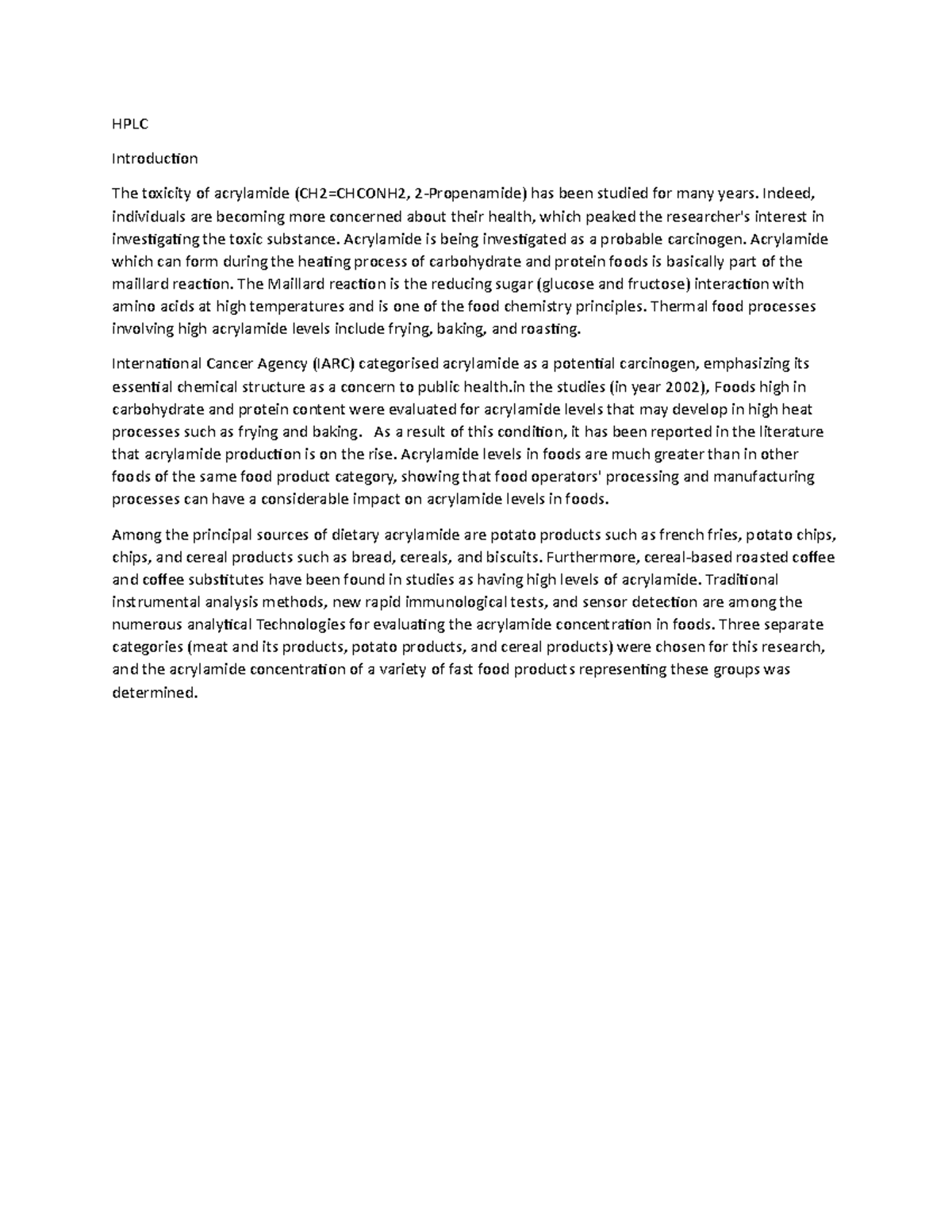 HPLC - notes - HPLC Introduction The toxicity of acrylamide (CH2 ...