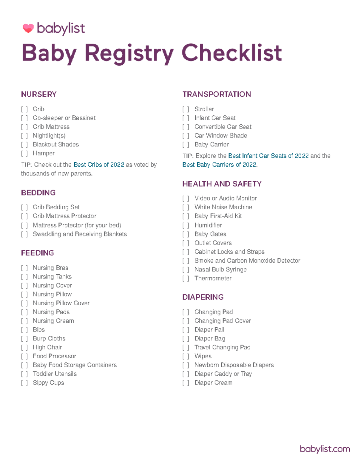 Baby-registry-checklist - NURSERY [ ] Crib [ ] Co-sleeper or Bassinet ...