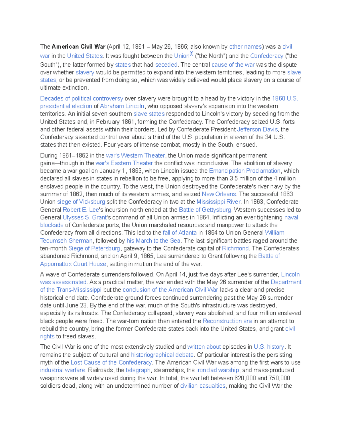 Civil war era - notes - The American Civil War (April 12, 1861 – May 26 ...