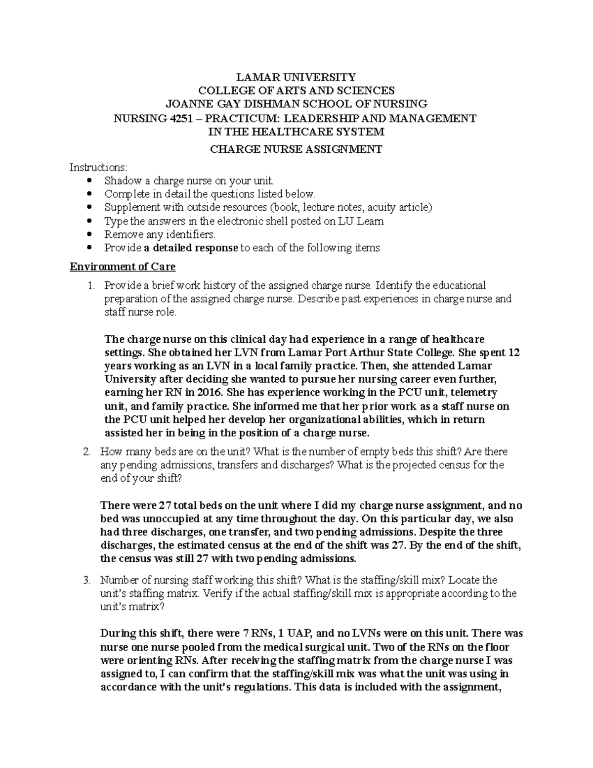 Charge Nurse Assignment - LAMAR UNIVERSITY COLLEGE OF ARTS AND SCIENCES ...