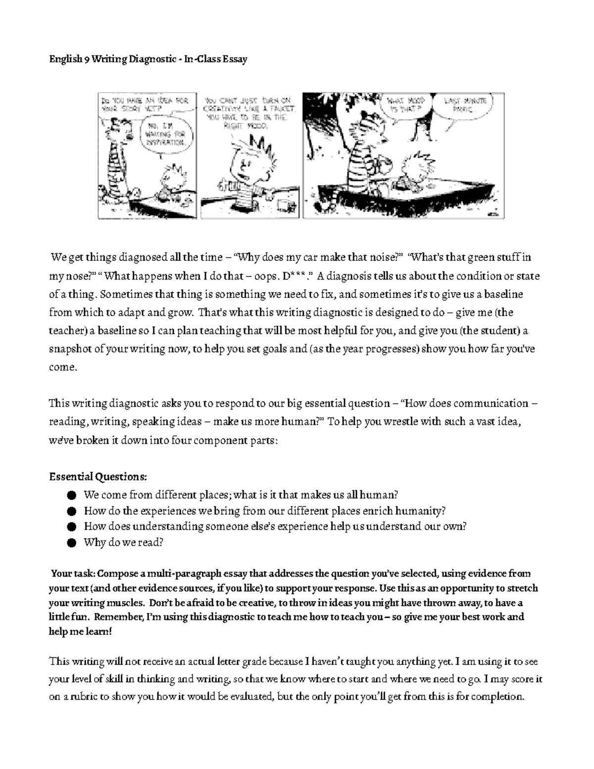 Mueller - wefwef - English 9 Writing Diagnostic - In-Class Essay We get ...