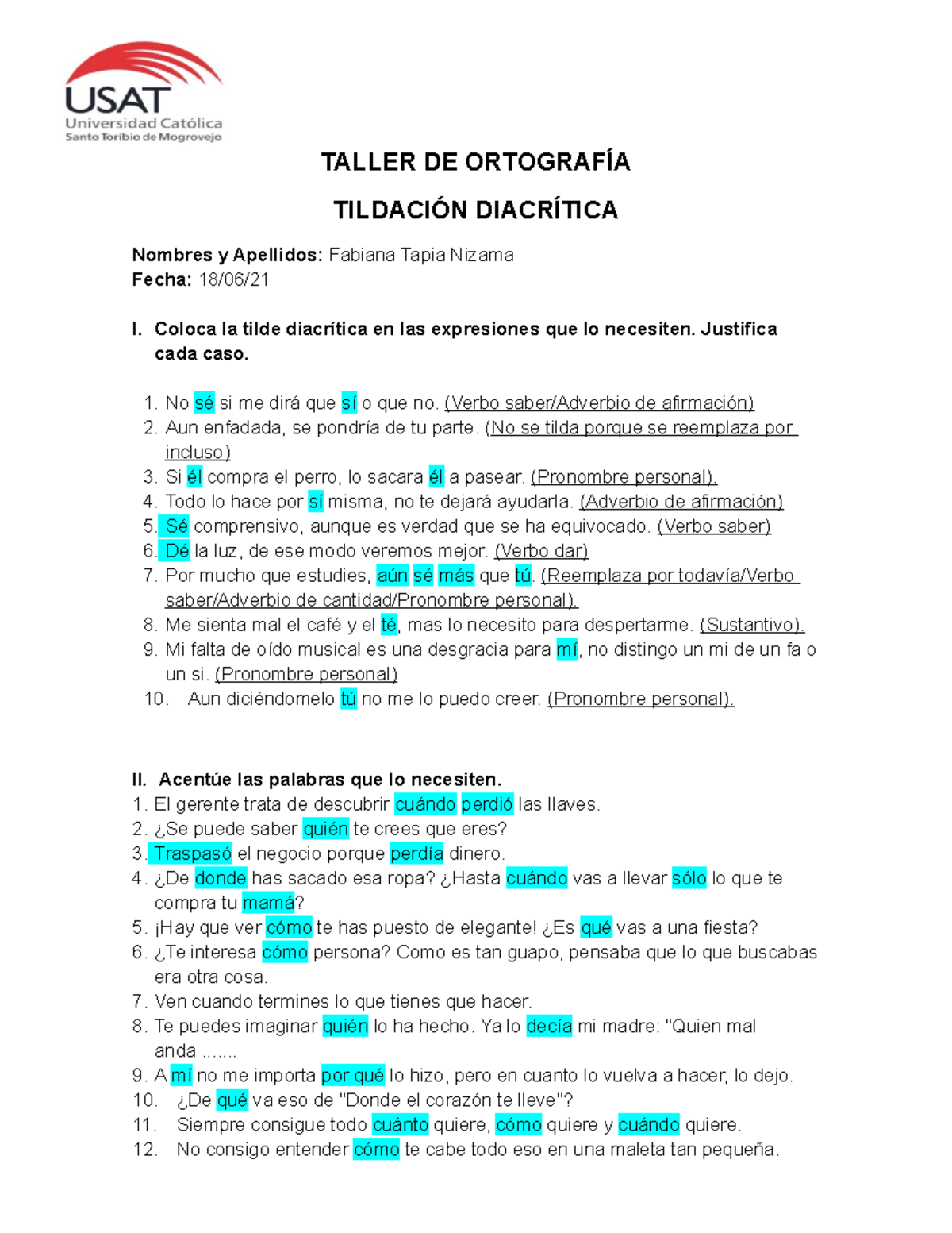 Taller Tildación Diacrítica - TALLER DE ORTOGRAFÍA TILDACIÓN DIACRÍTICA ...