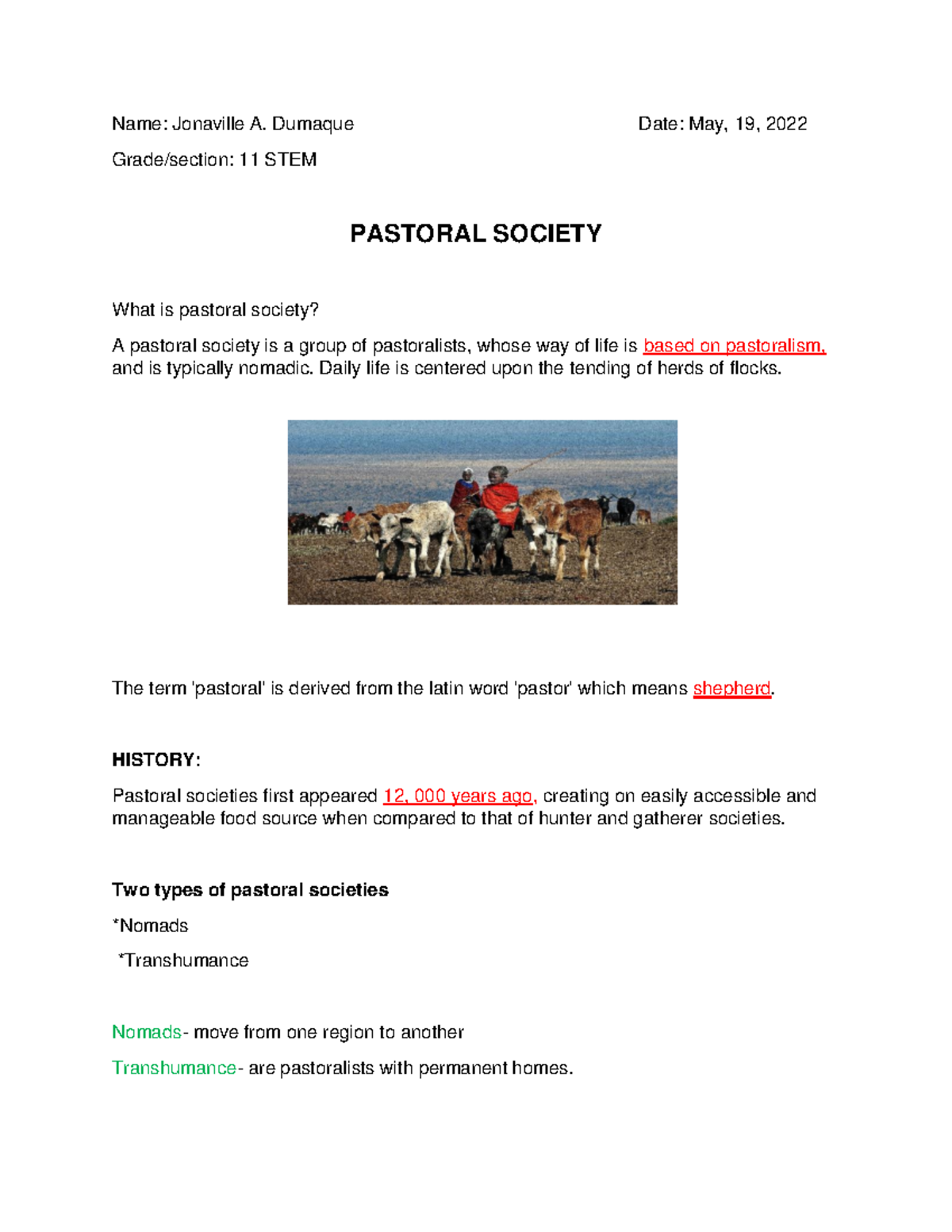 Pastoral Society - Name: Jonaville A. Dumaque Date: May, 19, 2022 Grade ...