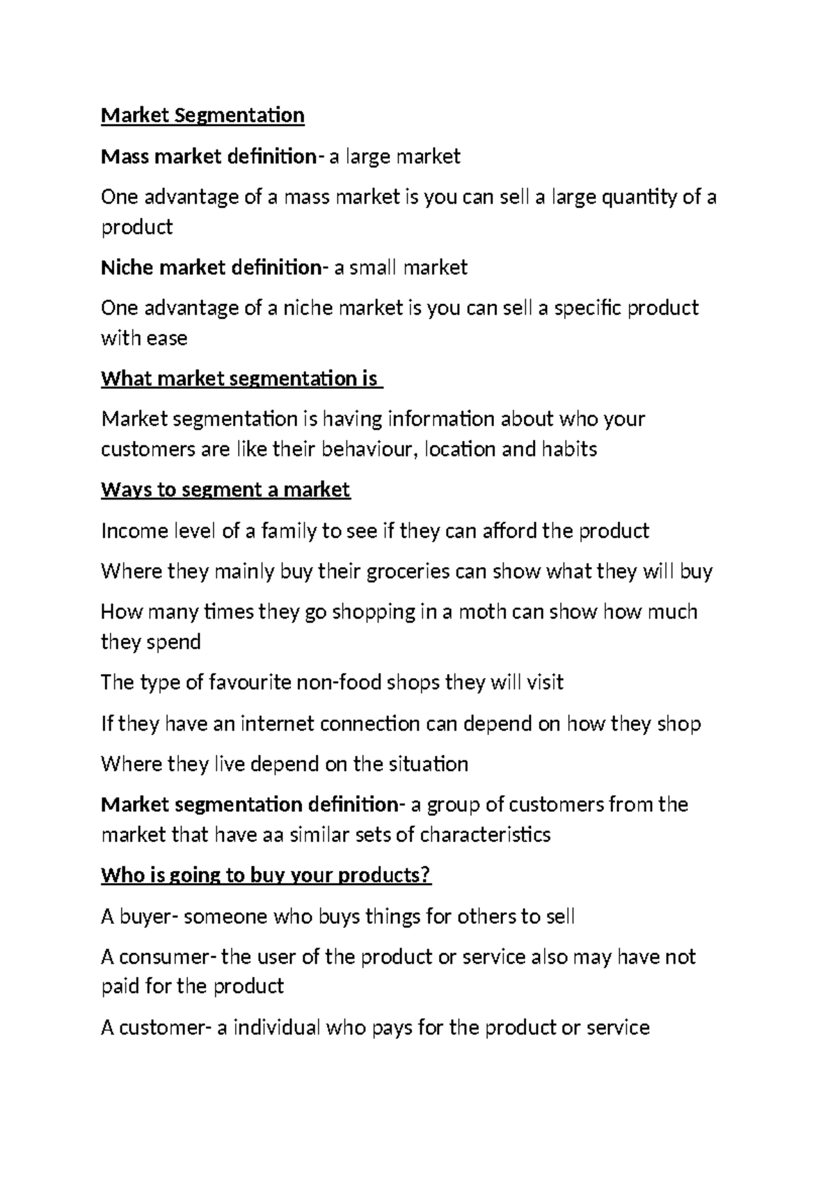 Market segmentation - notes - Market Segmentation Mass market ...