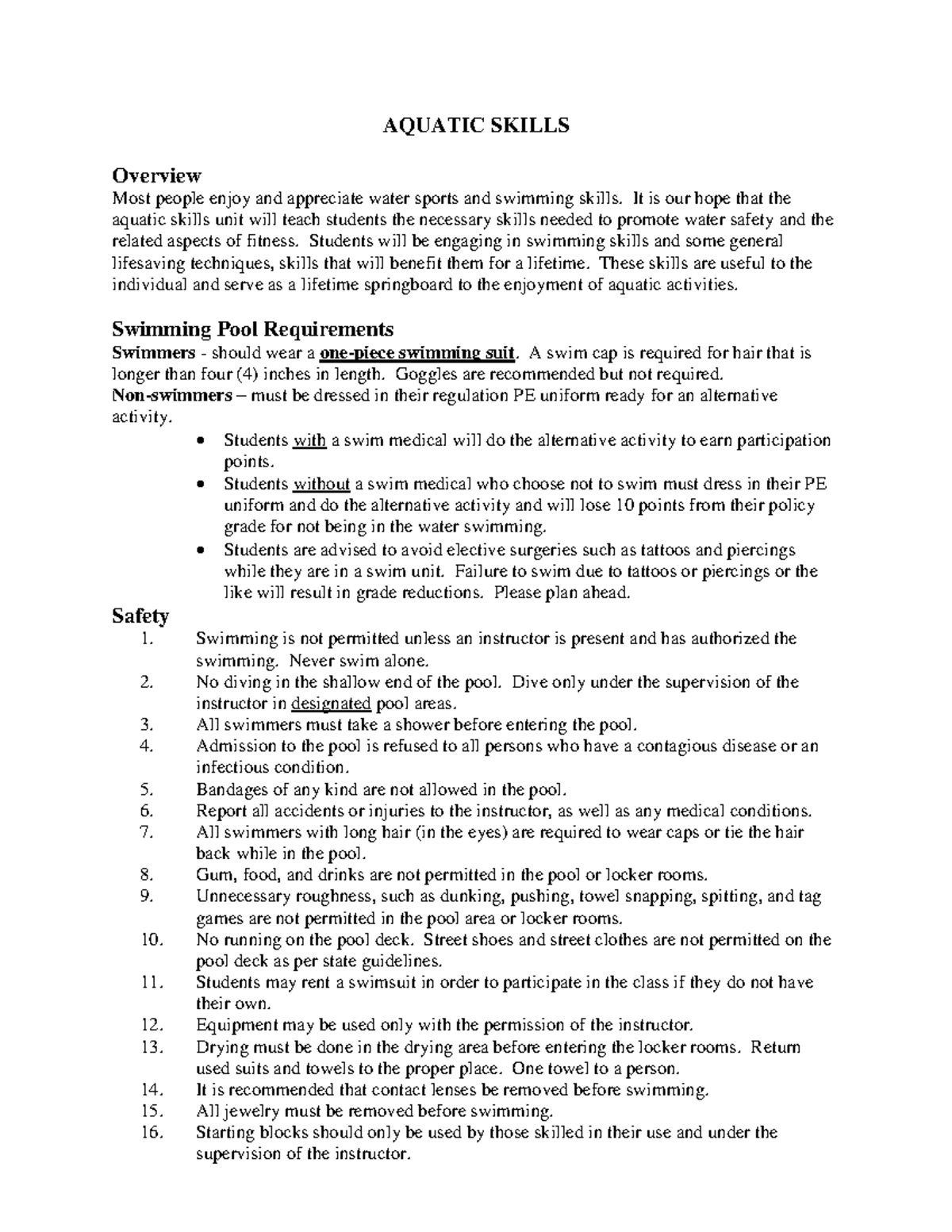 Swimming Study Guide - AQUATIC SKILLS Overview Most people enjoy and ...