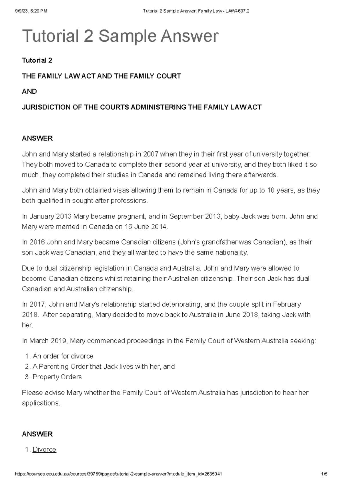 Tutorial 2 Sample Answer Family Law - LAW4607 - Tutorial 2 Sample ...