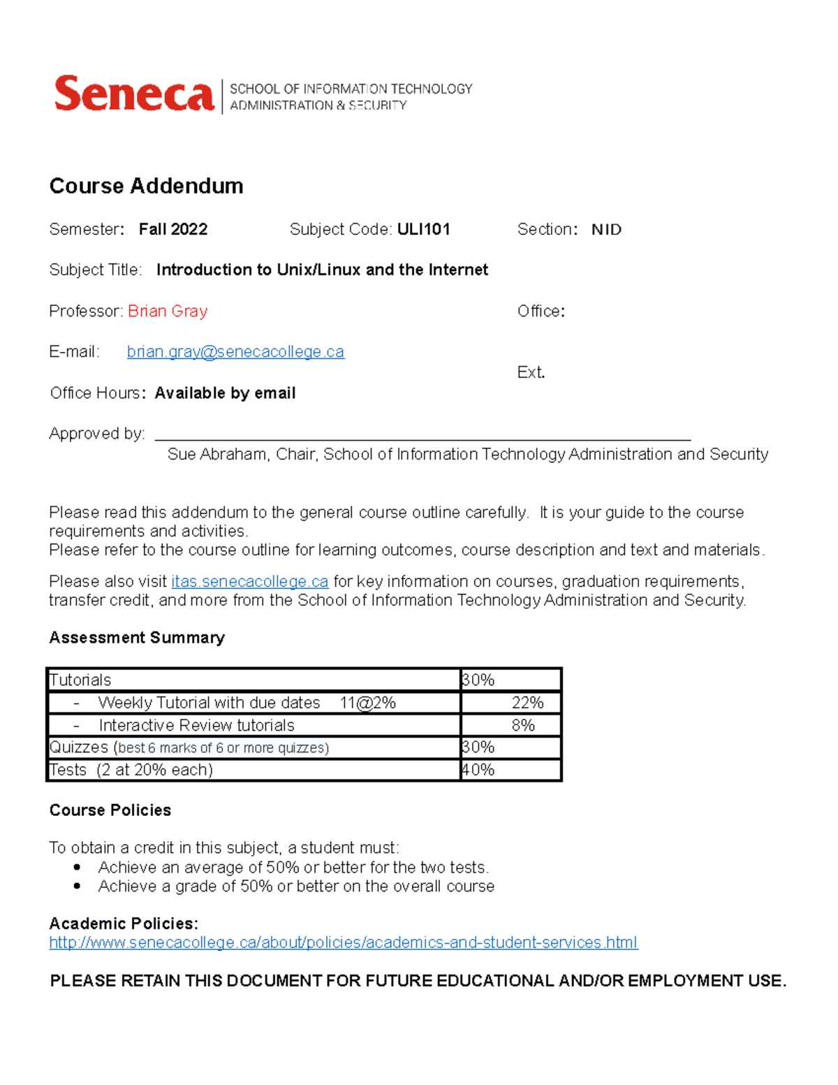 ULI101-NID-2022c - Course Addendum - Course Addendum Semester: Fall ...