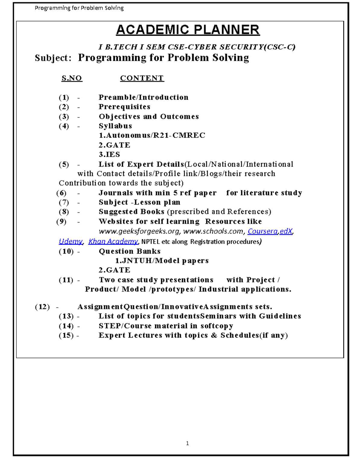 (22-23)i year cs Academic Planner pps - ACADEMIC PLANNER I B I SEM CSE ...