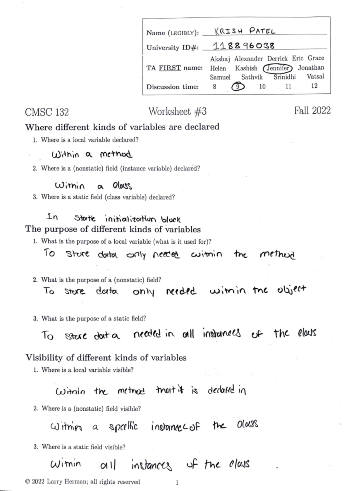 CMSC132 Worksheet #3 09-07-2022 - Name (LEGIBLY): -~~(l.~ I - Studocu