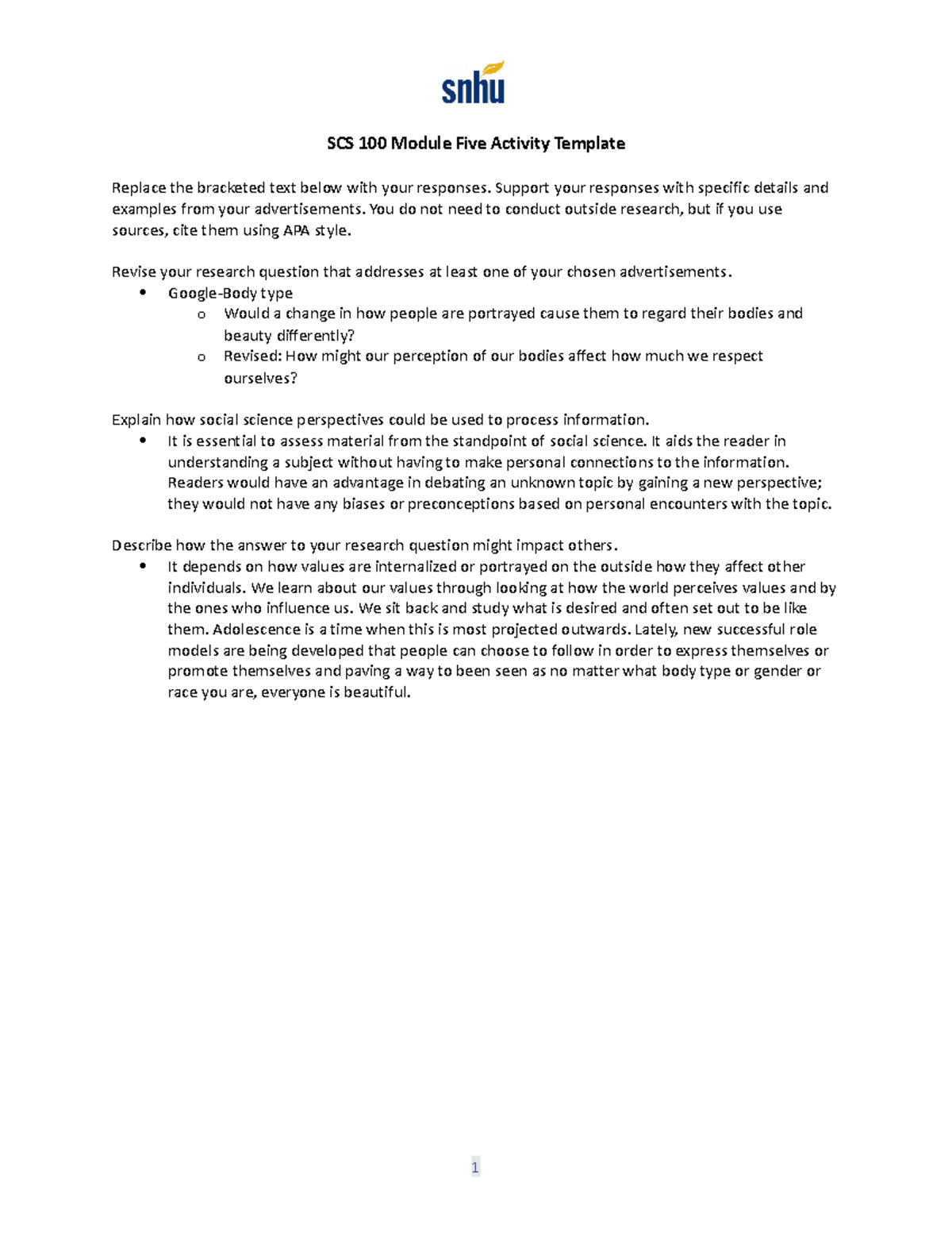SCS 100 Module Five Activity Template - SCS 100 Module Five Activity Template Replace the ...