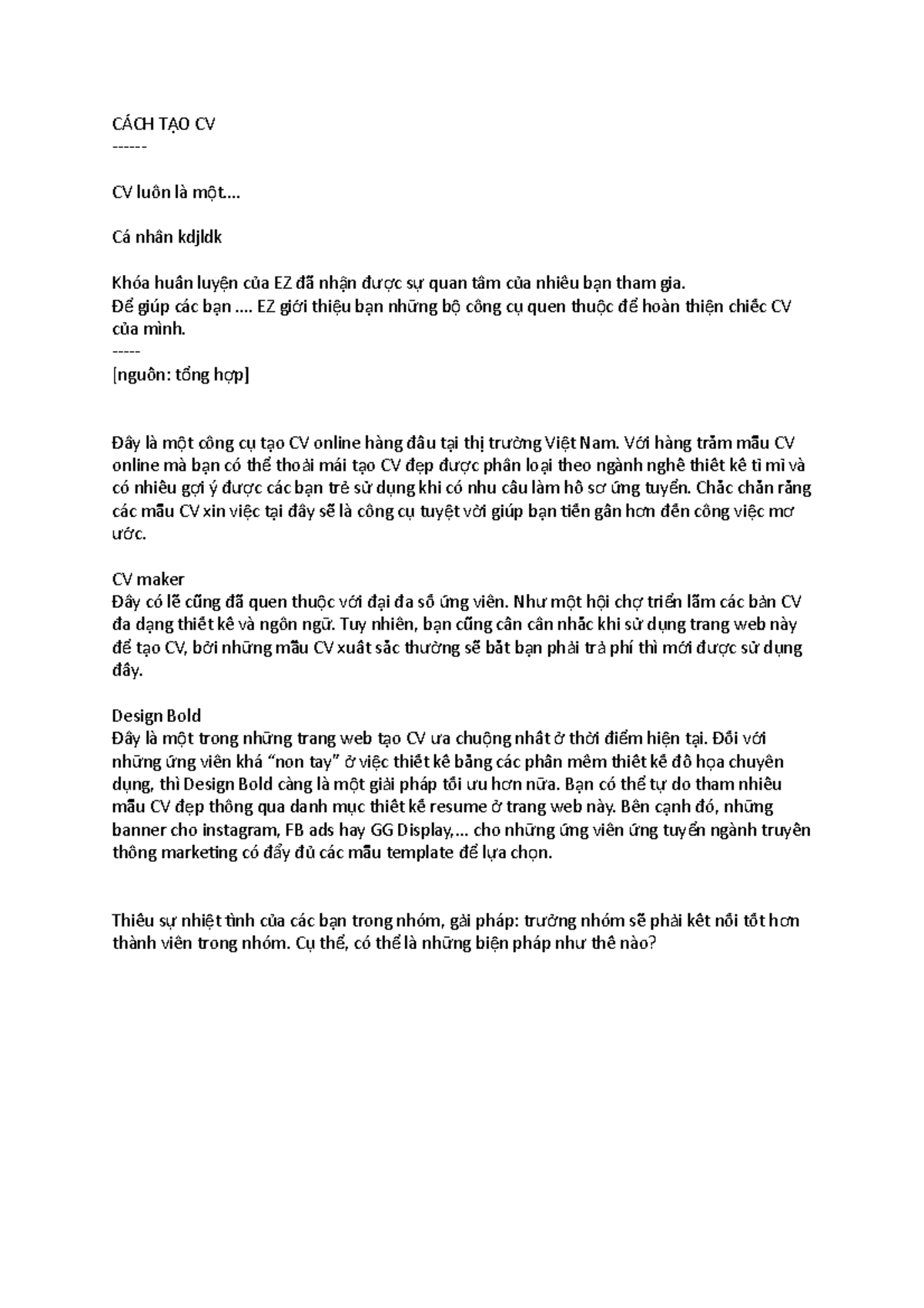 CÁCH TẠO CV - ưedsdaskhlkj - CÁCH T O CVẠ - CV luôn là m t....ộ Cá nhân ...