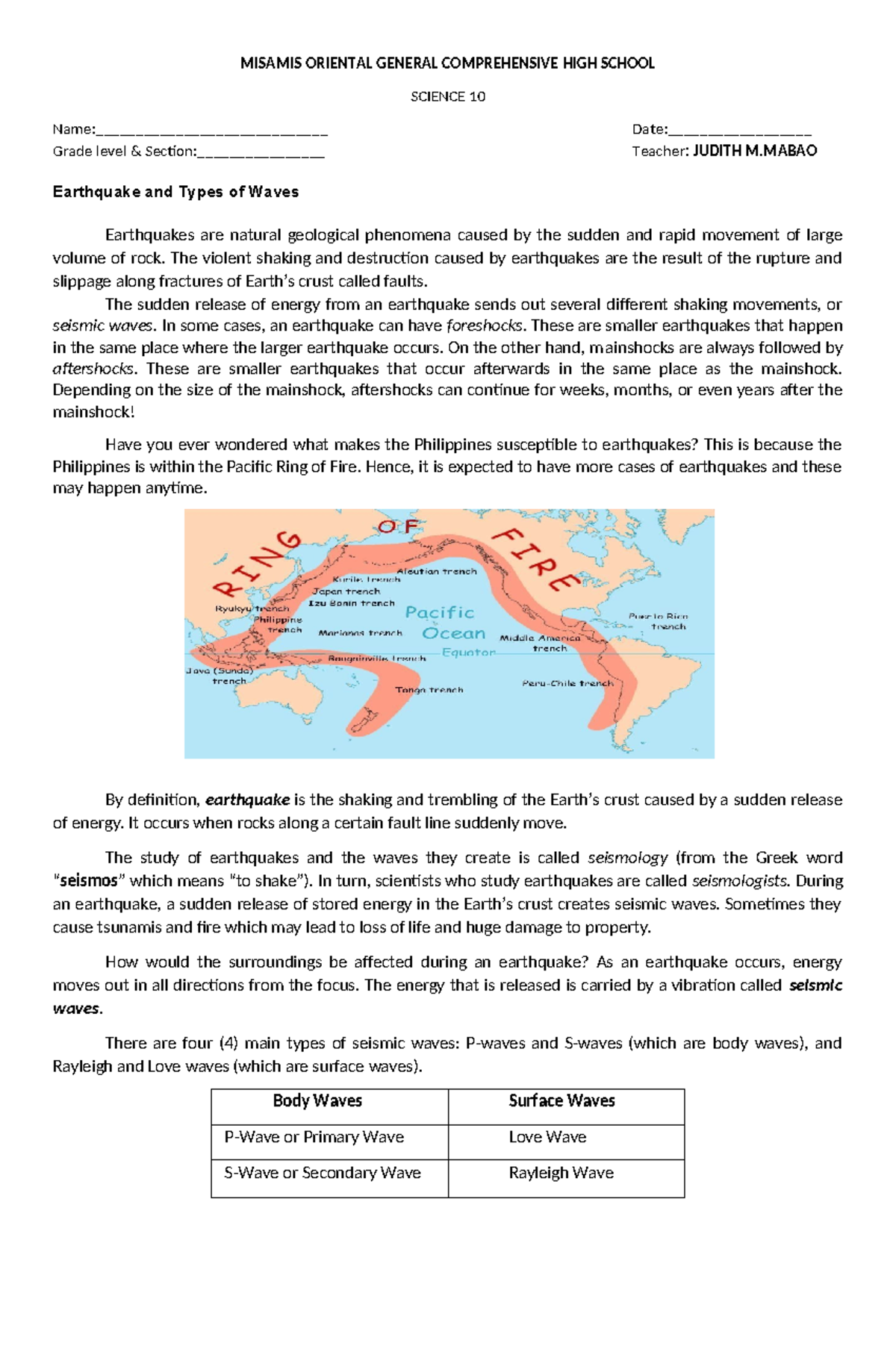 Activity grade 10 Q1 earthquake - MISAMIS ORIENTAL GENERAL ...