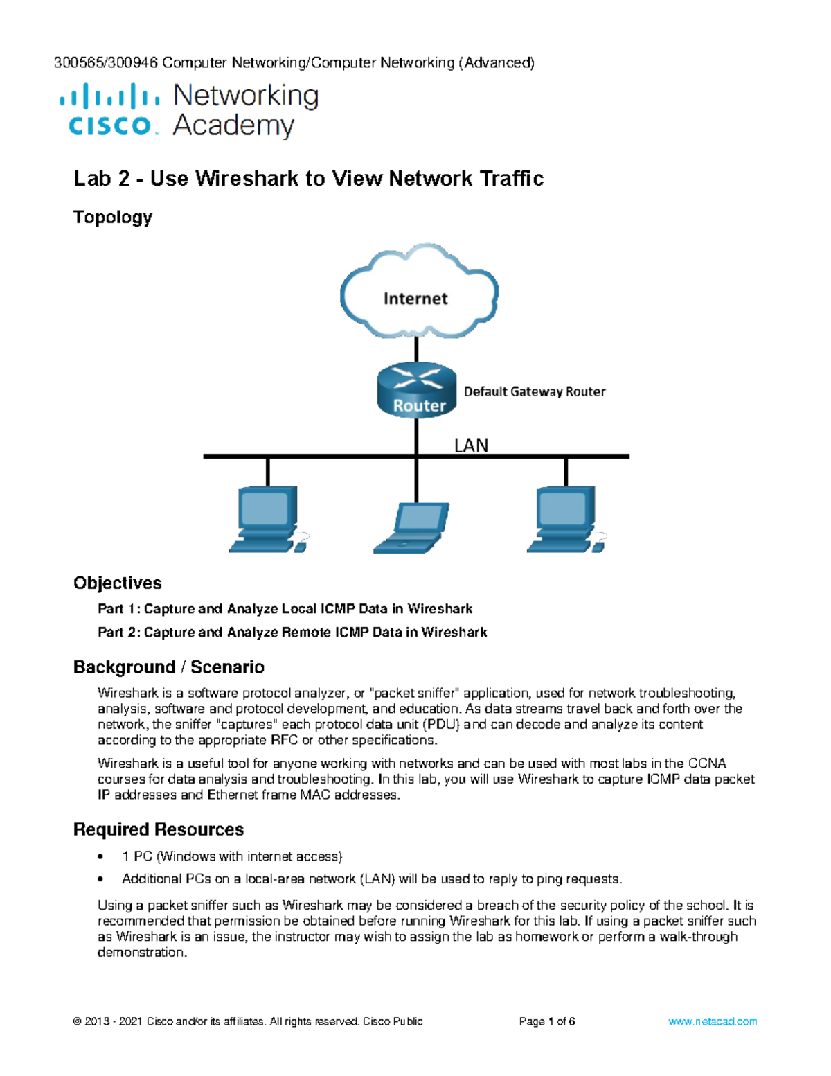 Lab 2 - Use Wireshark to view network traffic - 300565/300946 Computer ...