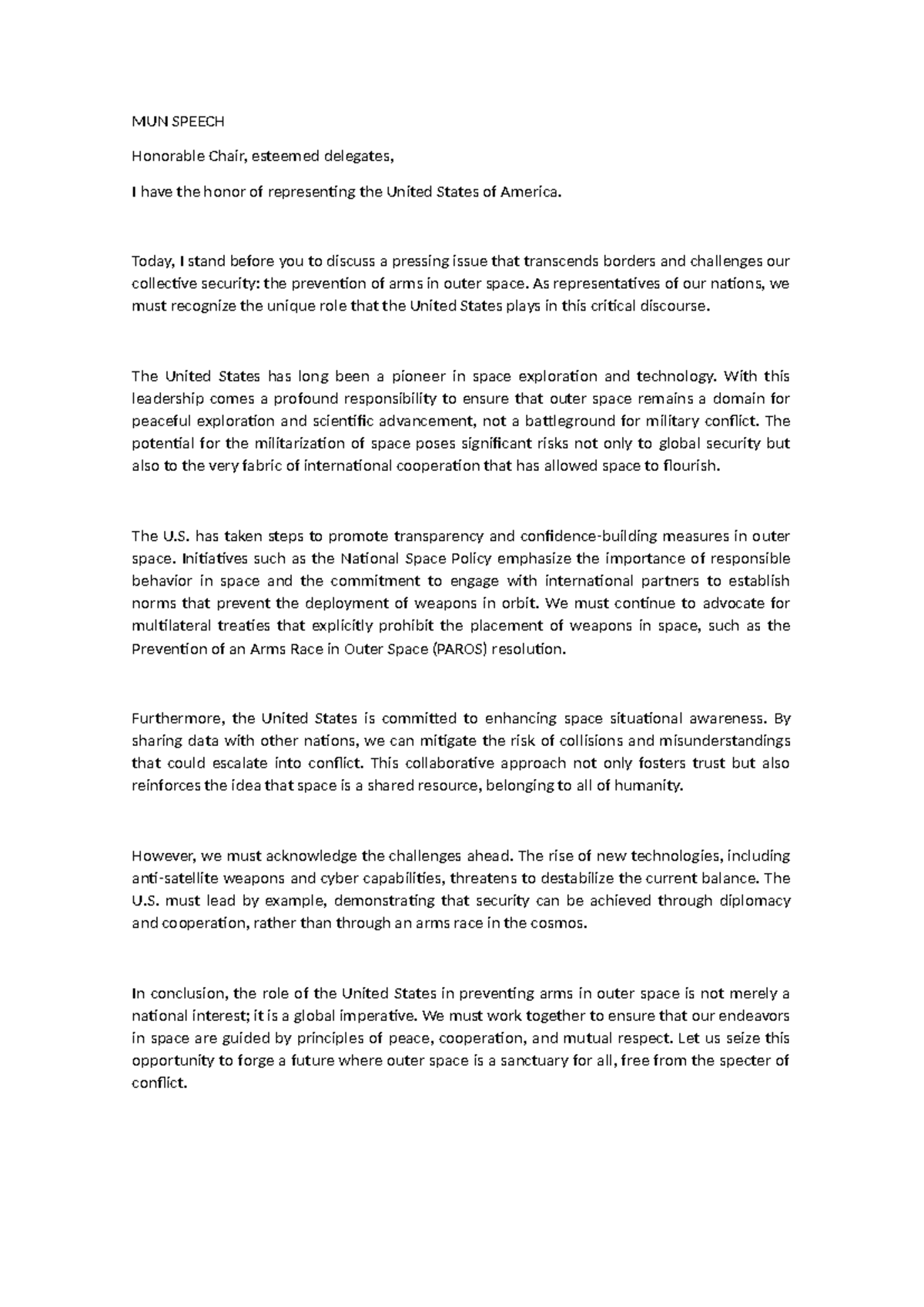 MUN Speech - Preparate para un debate - MUN SPEECH Honorable Chair ...