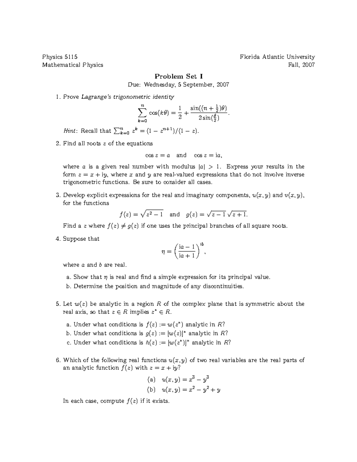 Problem set 1 - Homework - Physics 5115 Florida Atlantic University ...
