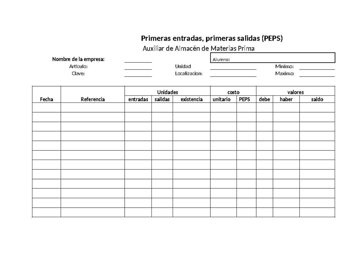 Tarjetas de almacen - Tablas - Primeras entradas, primeras salidas ...