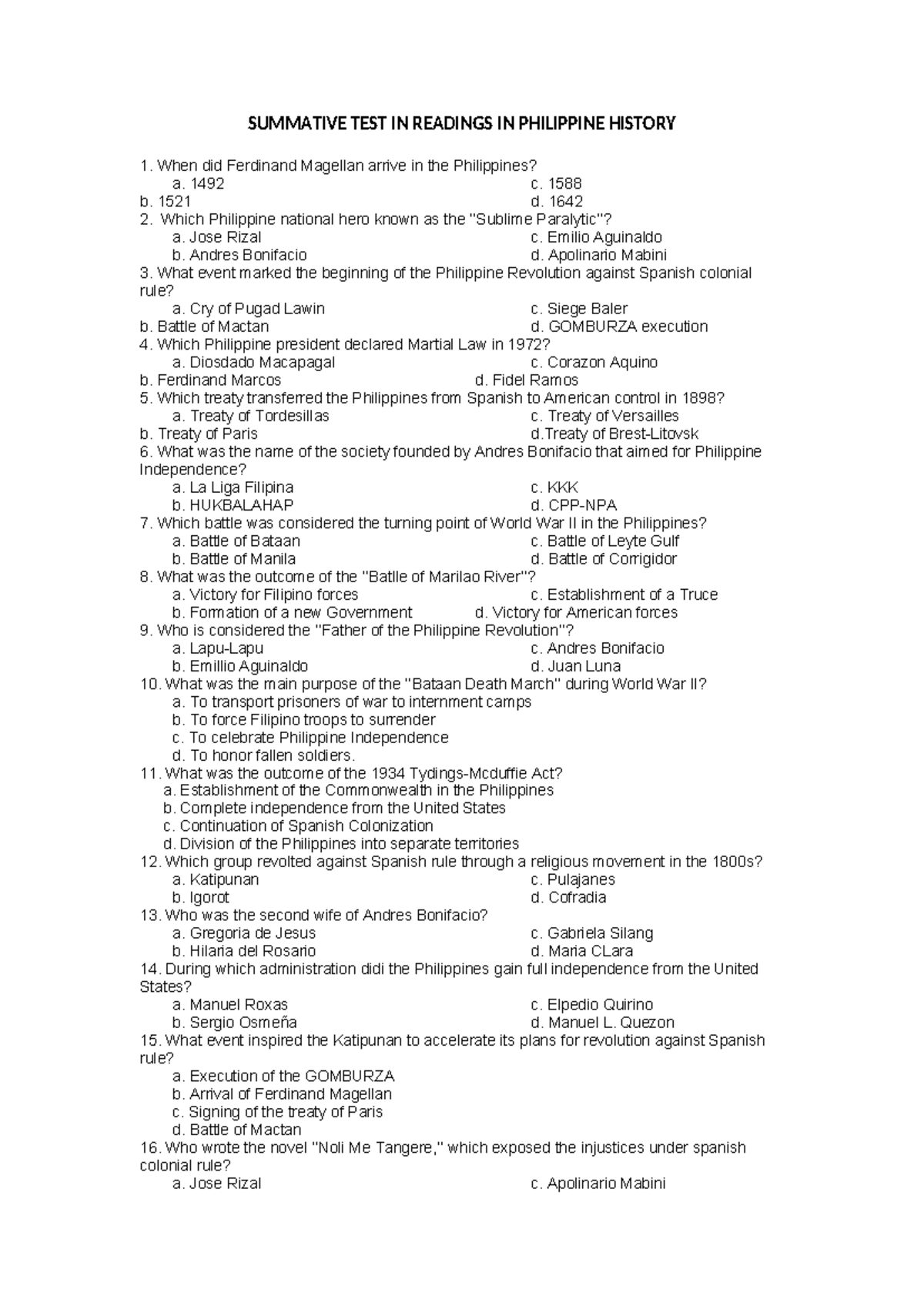 Summative TEST IN Readings IN Philippine History - SUMMATIVE TEST IN ...