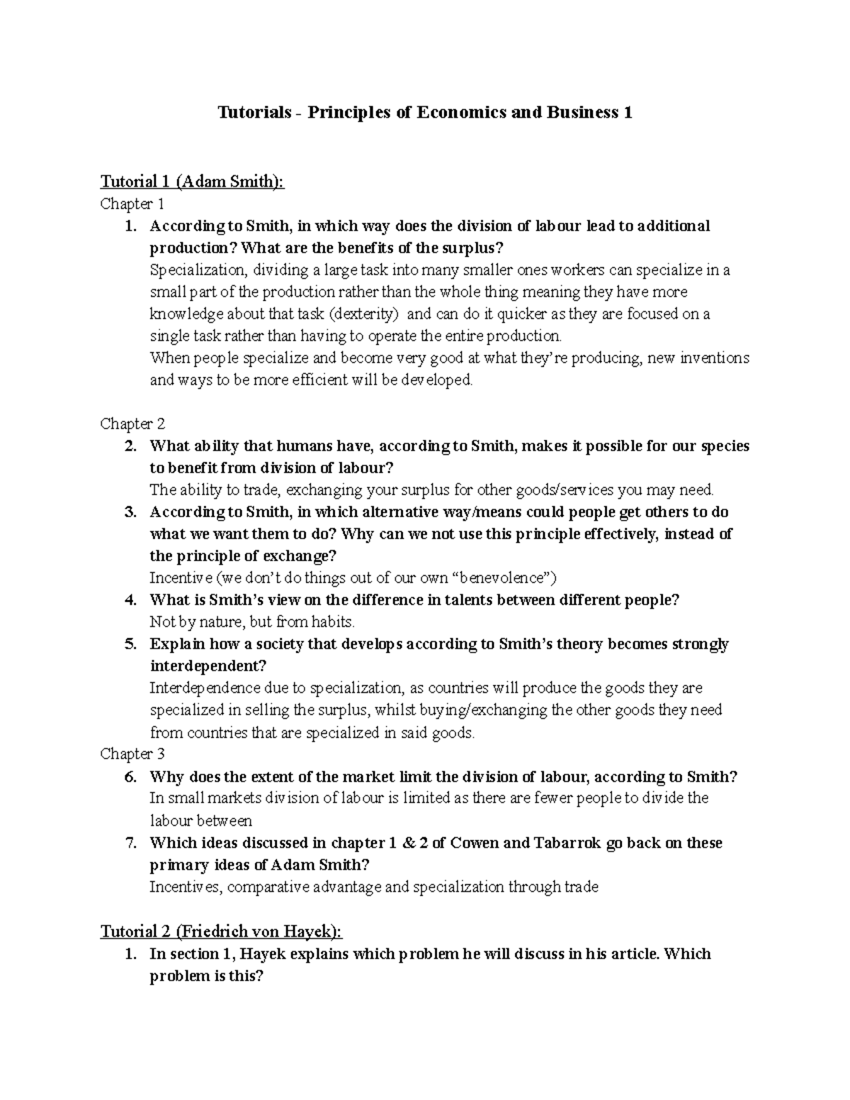 Tutorials - Principles of Economics and Business 1 - According to Smith ...
