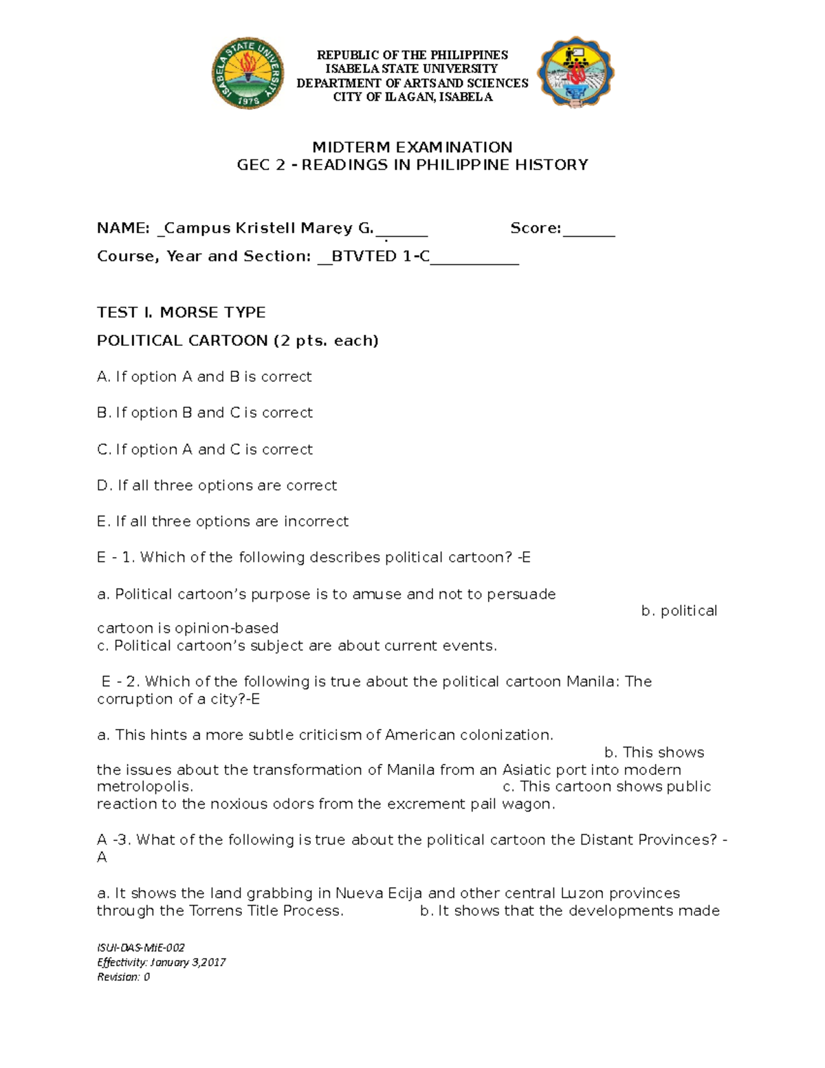 Campus-midterm - pon mi - ISABELA STATE UNIVERSITY DEPARTMENT OF ARTS ...