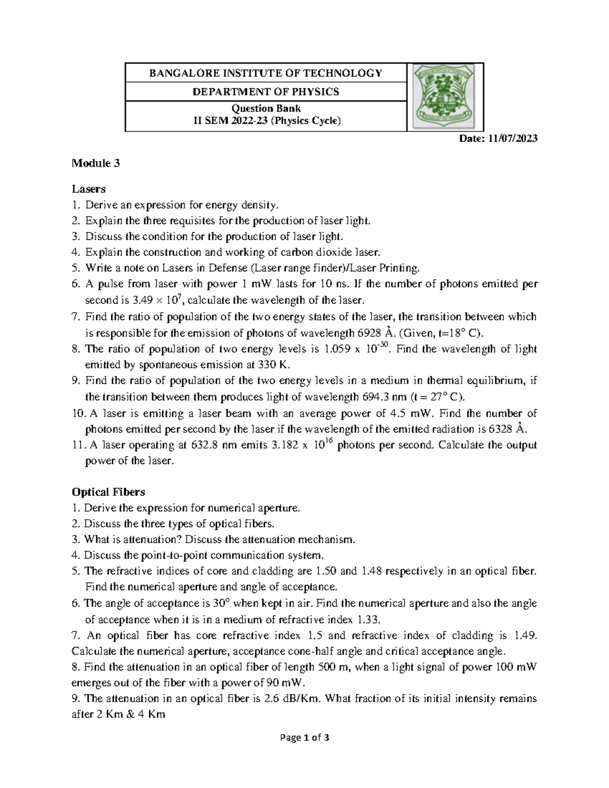 Question Bank_II SEM_2022-23 - Page 1 of 3 BANGALORE INSTITUTE OF TECHNOLOGY DEPARTMENT OF ...