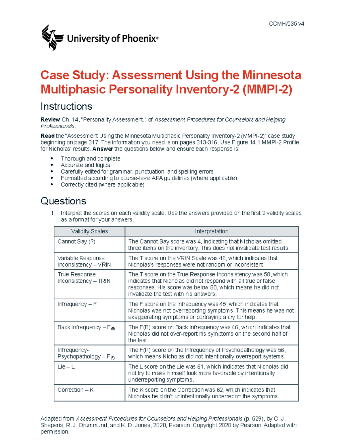 Case study MMPI2 - Full assignment - CCMH/535 v Case Study: Assessment ...