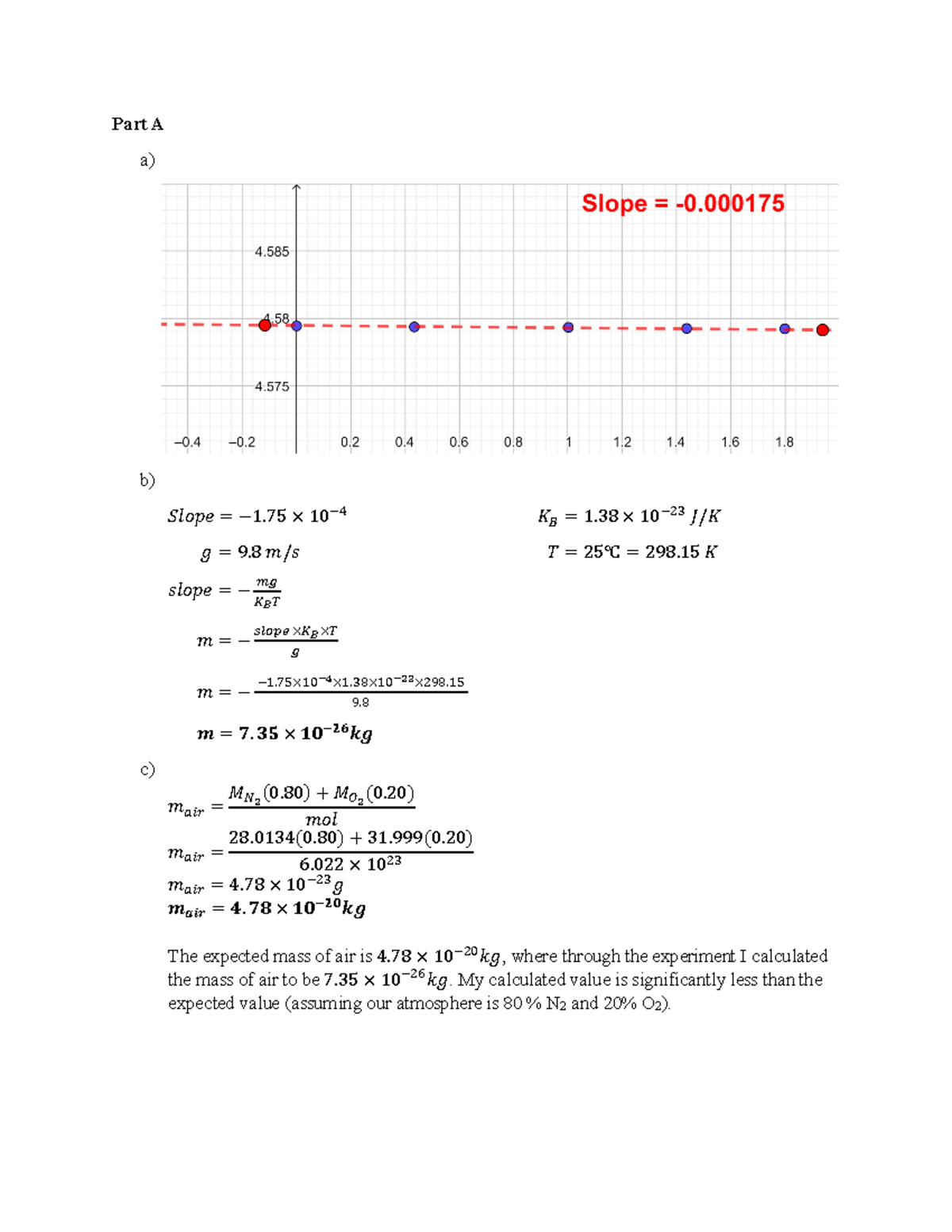 Physics Lab 3 Graphs - Part A a) b) 𝑆𝑙𝑜𝑝𝑒 = − 1. 75 × 10 − 4 𝐾𝐵 = 1. 38 ...