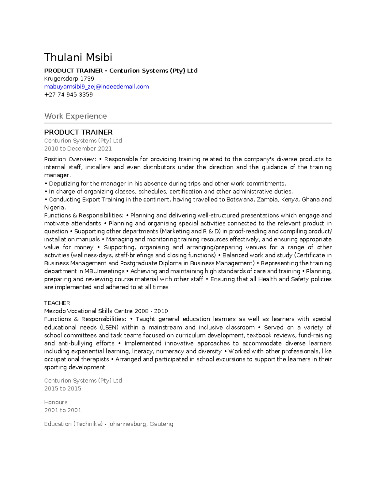 CVThulani Msibi 2 - wefwththht - Thulani Msibi PRODUCT TRAINER ...