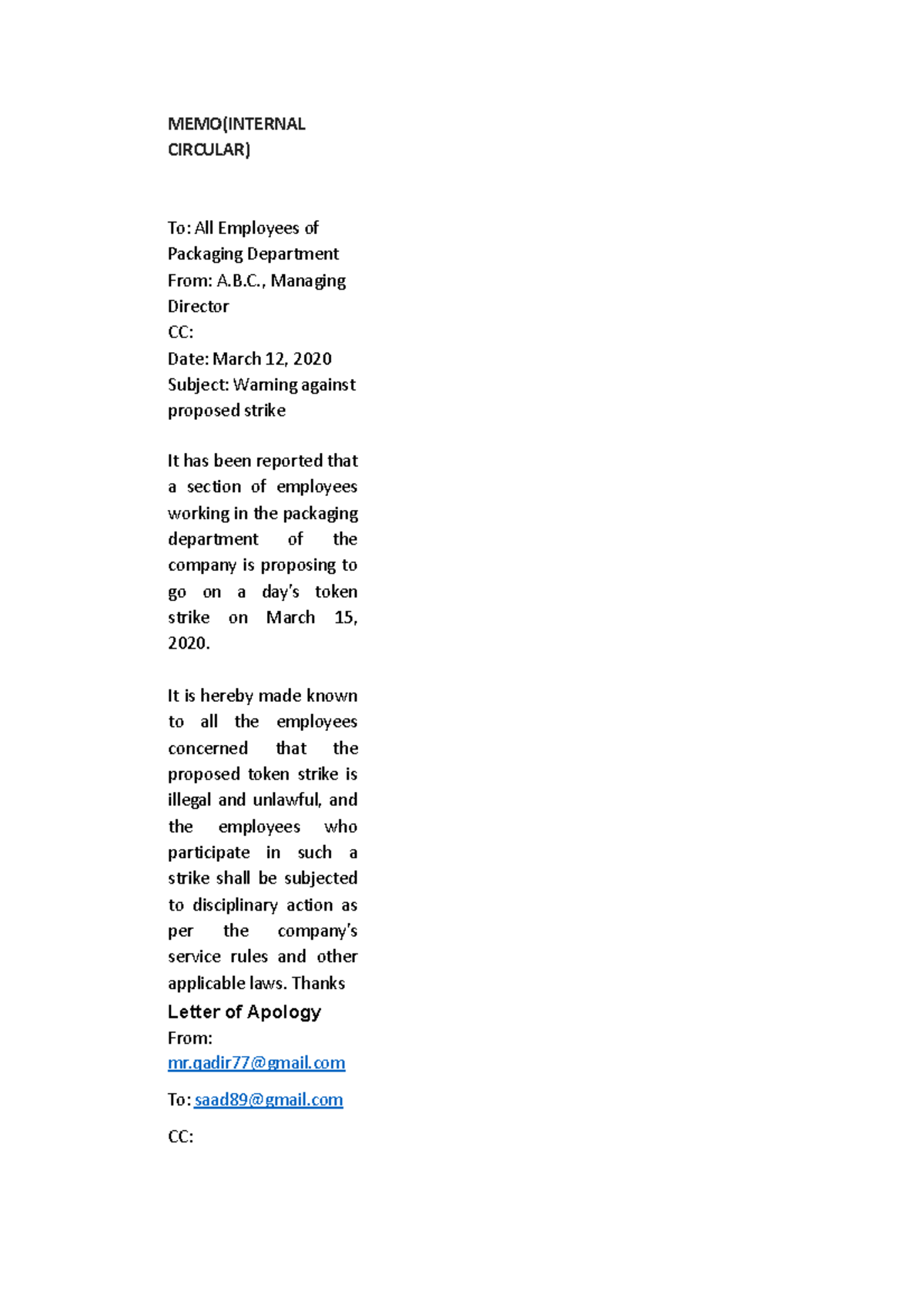 Memo and Email - notes - MEMO(INTERNAL CIRCULAR) To: All Employees of ...